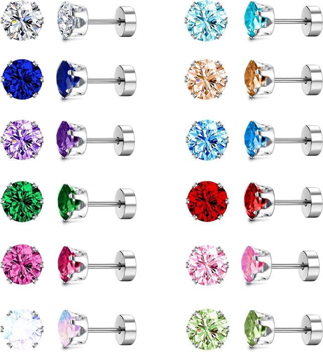 6-24 Paires Boucles D'Oreilles Cubique Zircone Acier Inoxydable 316L Hypoallergénique 4 Prong Cz ...