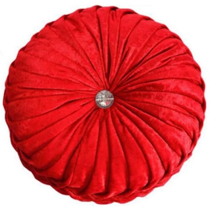 Coussin décoratif rond plissé en velours avec bouton, Ø 34 cm (rouge ...