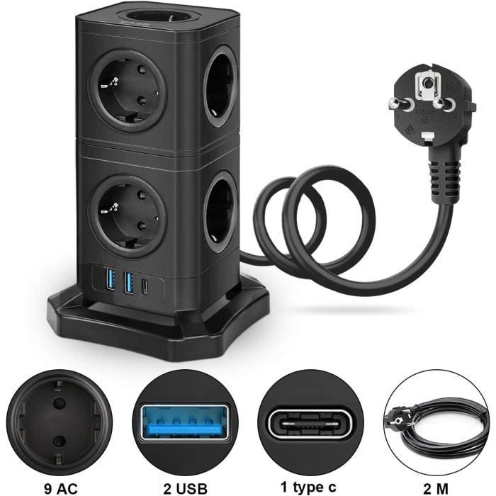 Tour multiprise Amovible 10 Multiprise Détachable avec Ports USB, 2 USB ...