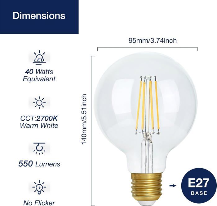 Dimmable Ampoule LED E27 Blanc Chaud, G95 Retro LED Filament Ampoule E27 Vintage, 5.5W ...