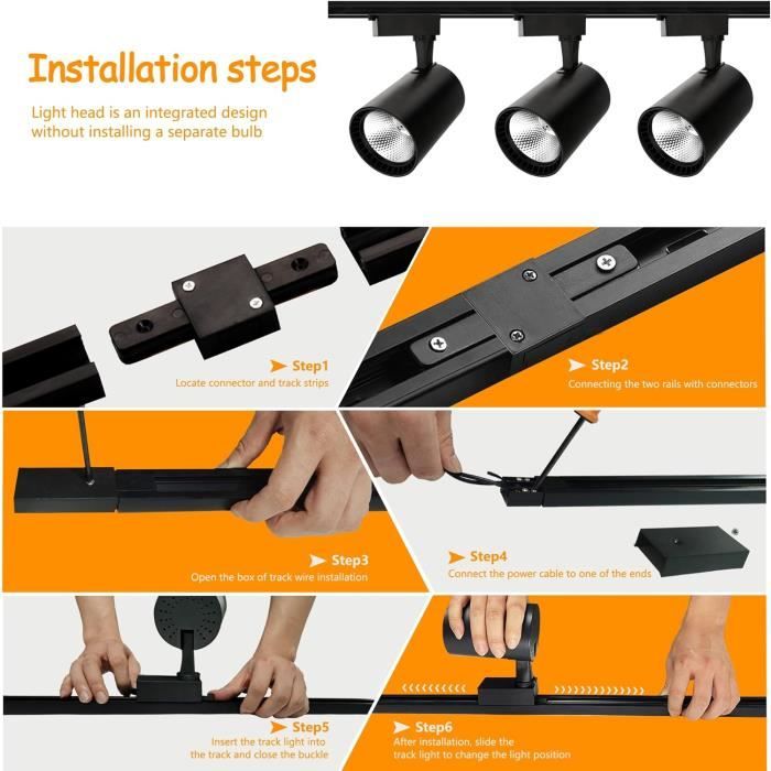 6 Lumières Kit Complet Rail Spot Led Ferreux 6000K,Avec Extra 2M Rail ...