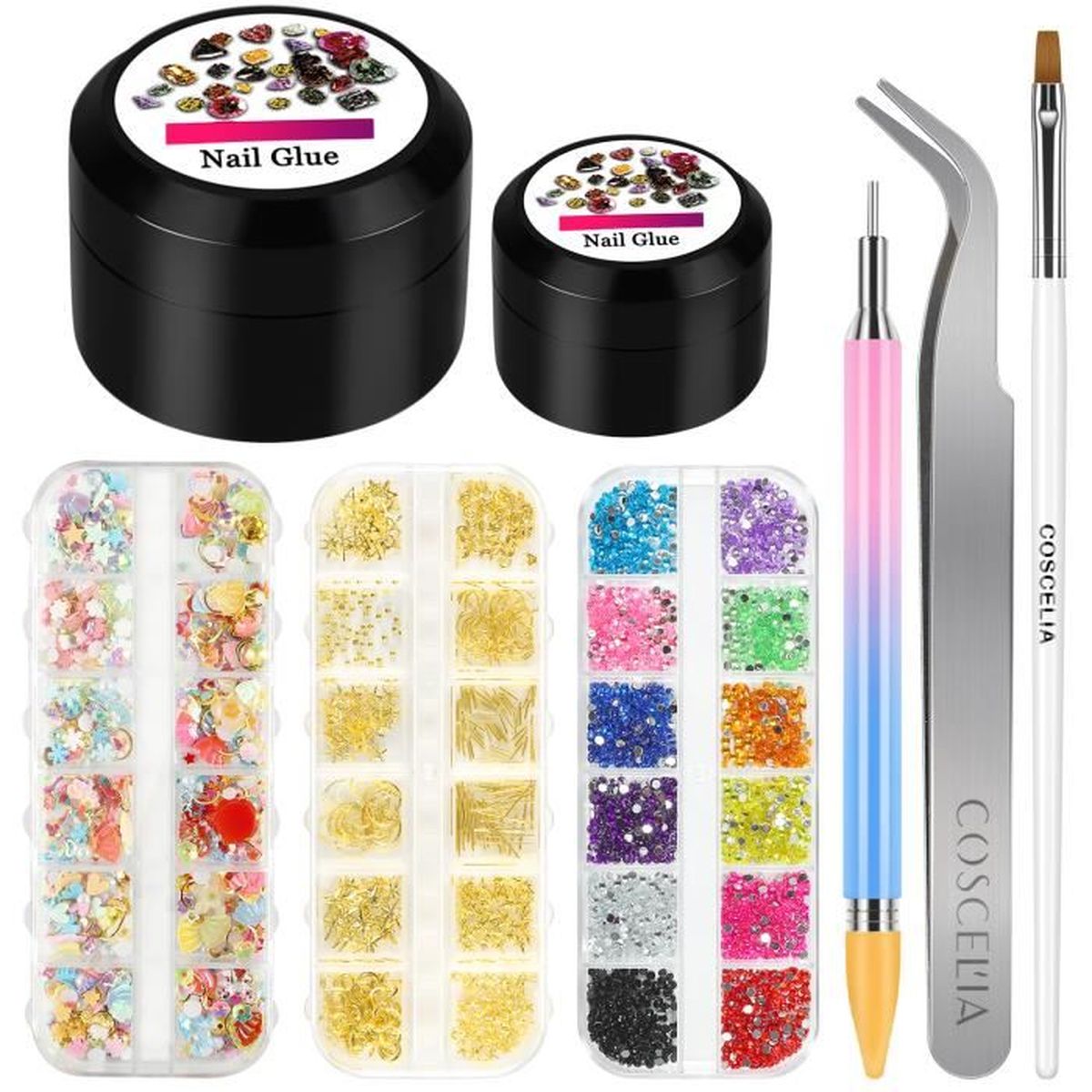 COSCELIA 2 Pot de Colle à Faux Ongles 3 Boîte Strass Paillettes Nail ...