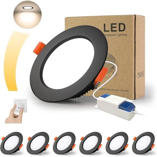 Spot Led Encastrable Dimmable Extra Plat Noir 6 Pack 7W 700LM, Spot Etanche Salle de bain IP44 ...