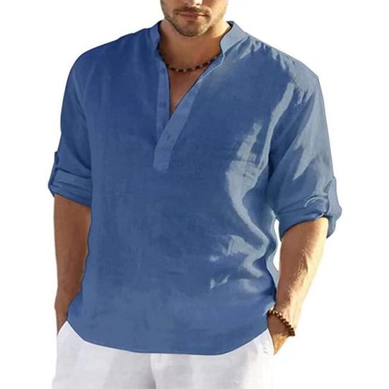 Été Chemise Homme Chemise en Lin V Neck Shirt Décontractée Bleu ...