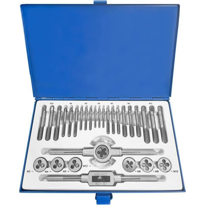 Lot De 30 Tarauds Et Matrices Métriques M3-M12 En Alliage D'Acier Robuste Avec Etui De Rangement ...