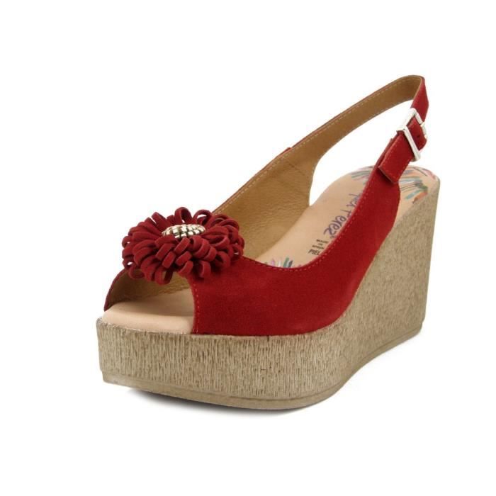 RAQUEL PEREZ, sandale, chaussure femme, daim rouge, talon compensé 8 cm ...