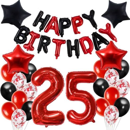 Ballon 25 Ans Anniversaire Femme Noir Rouge Decoration Anniversaire ...