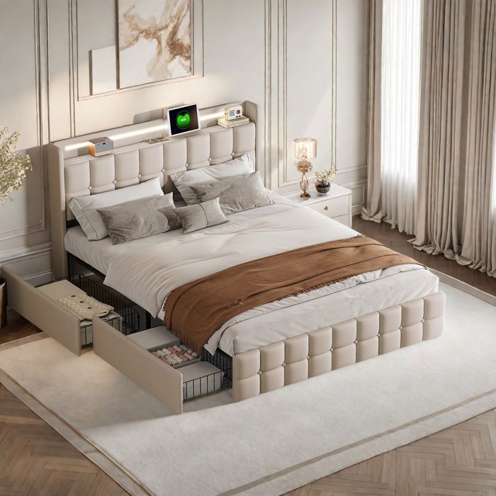 Lit double 160x200 cm, lit adulte avec 4 tiroirs et interface USB ...