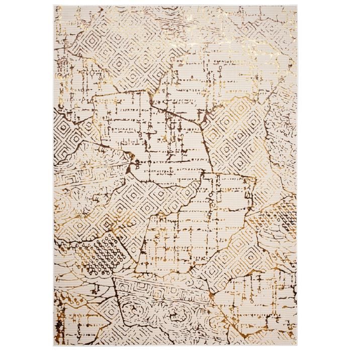 TAPISO Tapis de Salon Chambre GOLDEN Crème Beige Marron Doré Ethnique Polypropylène Intérieur ...