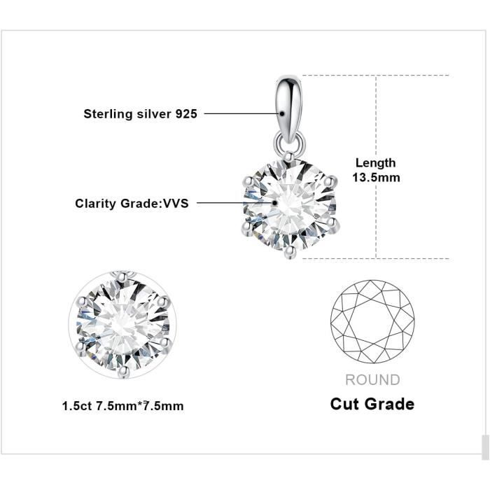 0.53Ct Classique Moissanite Pendentif Taille Rond Solitaire Argent 925 Femme, Plaqué Or Jaune Or ...