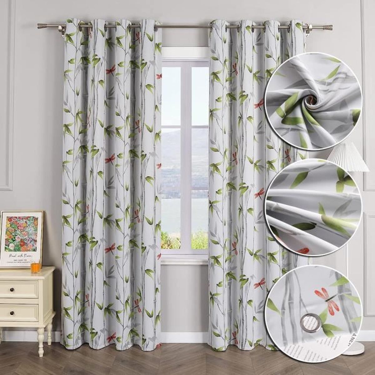 1pcs rideaux occultant thermiques a Œillets motif feuilles de bambou ...