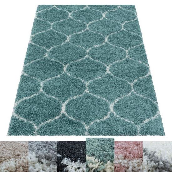 Tapis poil long et moelleux salon design scandinave motifs en losanges Doux Bleu 60 x 110 cm ...