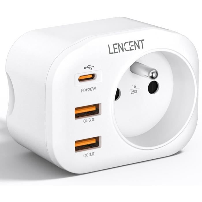 Pr USB Secteur PD 20W, Chargeur Type C+ QC3,0 Multipr s avec 1 Sortie AC, 1 USB C et 2 Ports USB ...