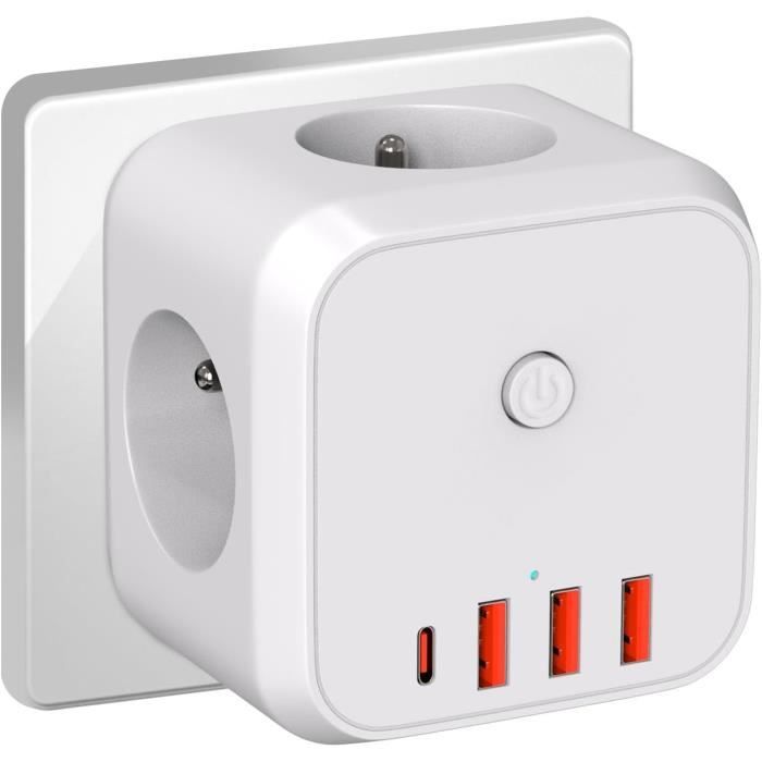 Multiprise Cube Murale, 7 en 1 Chargeur USB Prise avec 3 Sortie AC, 4000W Multiprise électrique ...