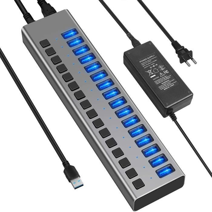 HUB USB Alimenté, de Données USB 3.0 à 16 Ports 90 W avec Interrupteurs ...