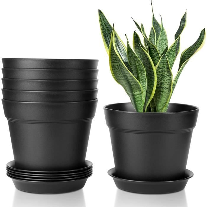 T4U 6Pcs Pot de Fleur Noir de 20cm en Plastique, Pot de Terre avec Trou ...