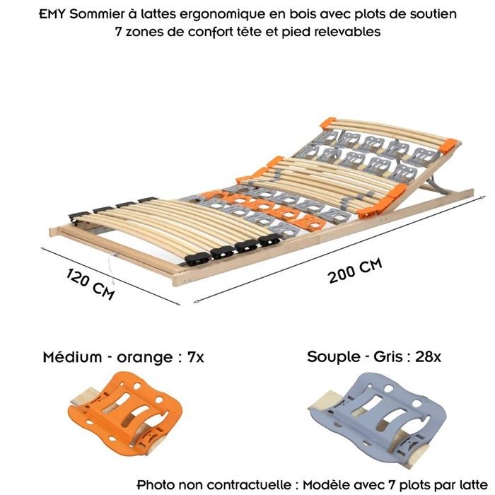EMY Sommier à lattes ergonomique en bois avec plots de soutien 7 zones ...