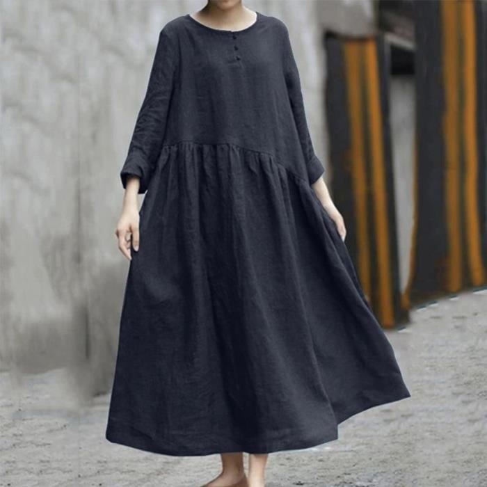 Coton Lin Femmes Maxi Robe Casual Lâche Boutons O Cou À Manches Longues ...