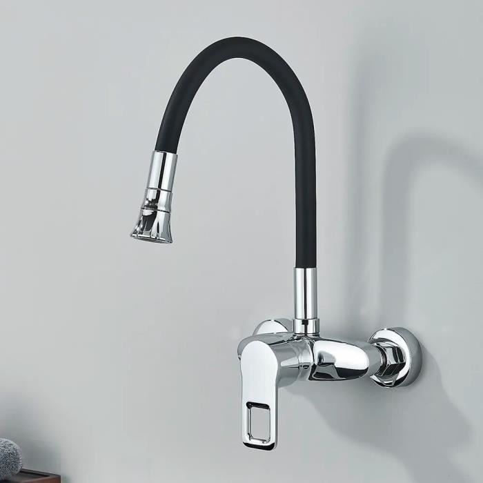 Robinets de cuisine vier de cuisine mural chrom noir poigne unique deau chaude et froide ...