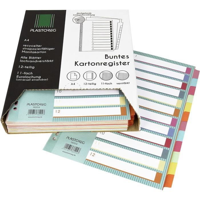 Lot de 12 intercalaires A4 en carton recyclé dans une boîte distributrice pratique, perforations ...