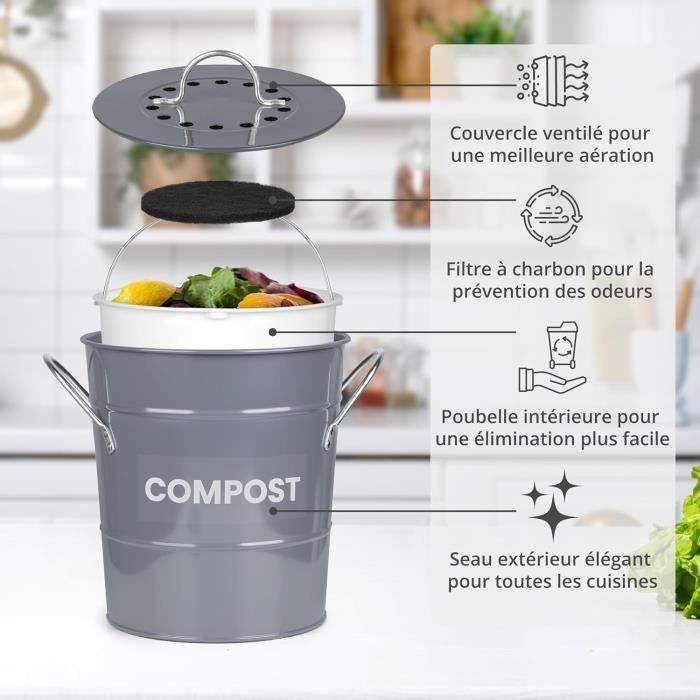 Composteur Cuisine Gris 4 l - Seau Compost Cuisine Anti-Odeurs avec ...