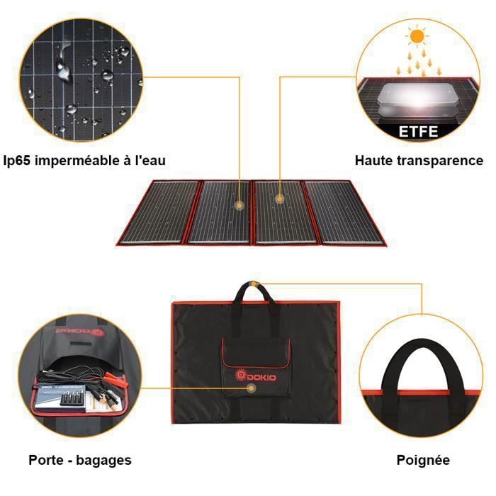 DOKIO 200W Kit Panneau solaire pliable portable monocristallin avec 2 ports USB Pour Plein air ...
