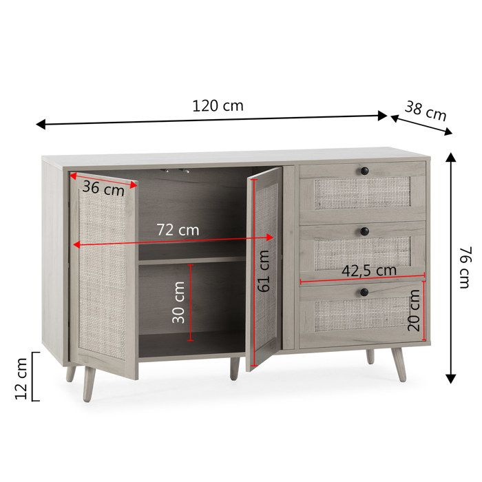 Buffet bas Bella 3 tiroirs et 2 portes en chêne, 120 cm - Cdiscount Maison