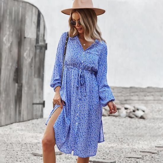 Robe Femme Ete Bohème Col En V Sexy Chic Manches Longues Bleu