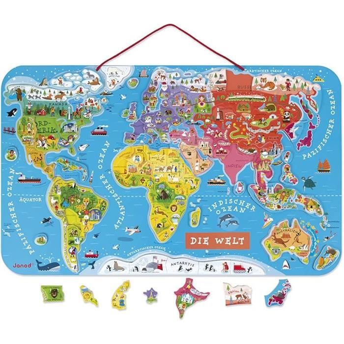 Puzzle Carte Du Monde Magnétique En Bois - 92 Pièces Aimantées - 70 X 43 Cm - Version Allemande ...