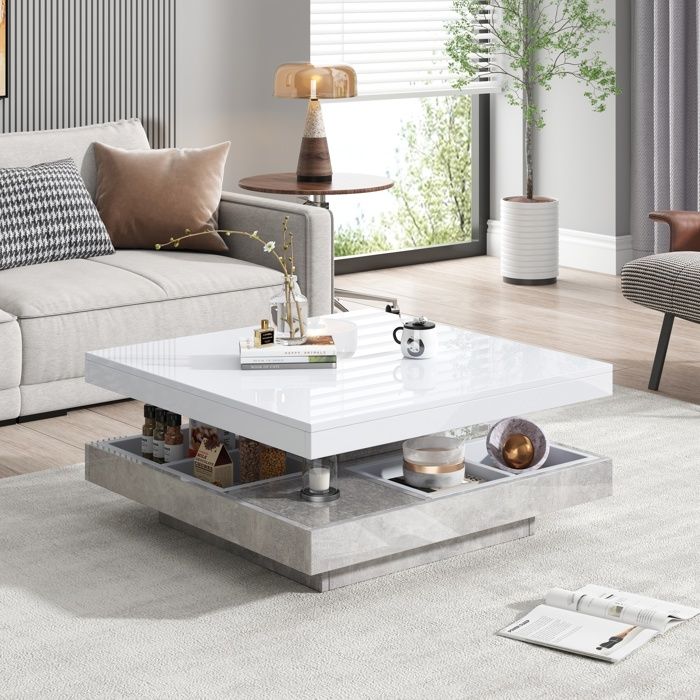 Table basse salon carré,Pivotante à 360 °Avec 2 Compartiments de ...