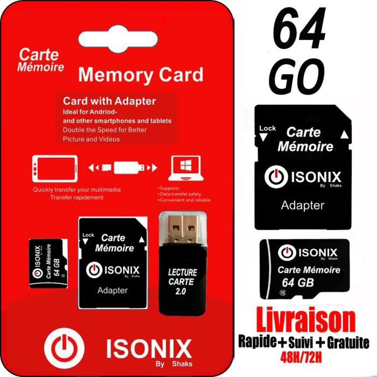 ISONIX Carte Mémoire Micro Carte SD 64 go Formate SD-HC/SD-XC ...