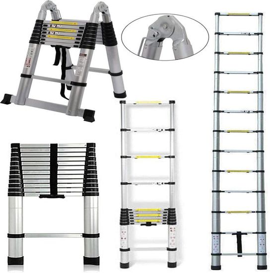 Noir et Blanc échelle télescopique de 5 m en aluminium - échelle pliante - Cadre en A - Légère ...