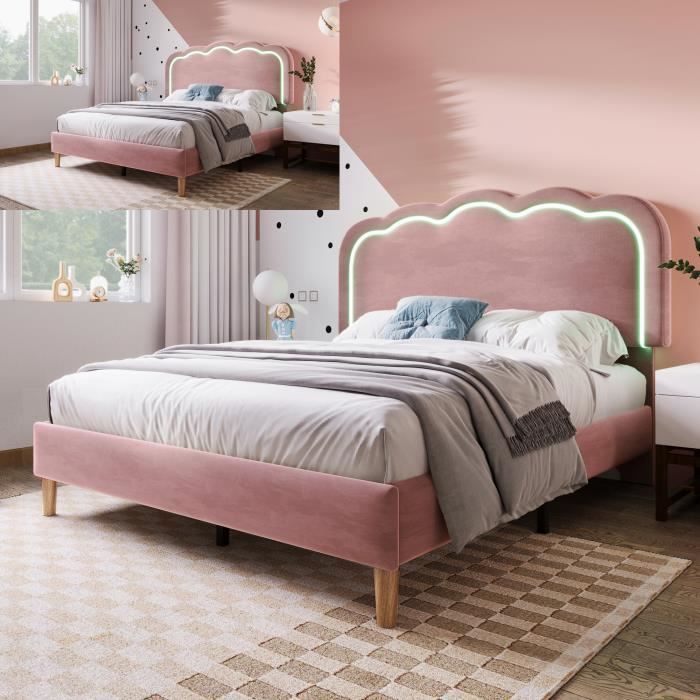 Lit fille 140x200 cm avec LED et tête forme de pouf, structure de lit ...