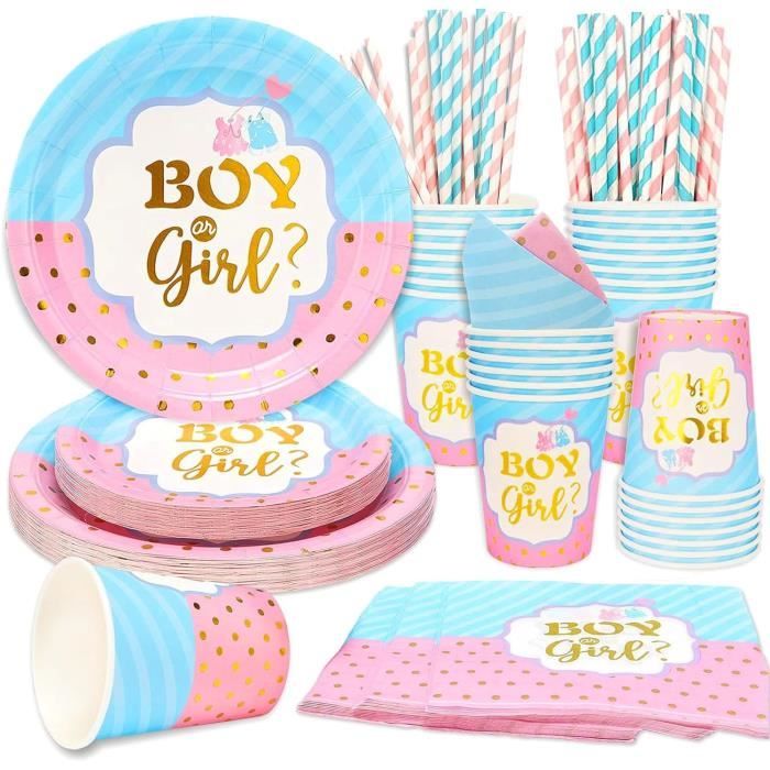Vaisselle Fêtes Gender Reveal,125 Pièces Set Vaisselle Bleu Rose Baby ...