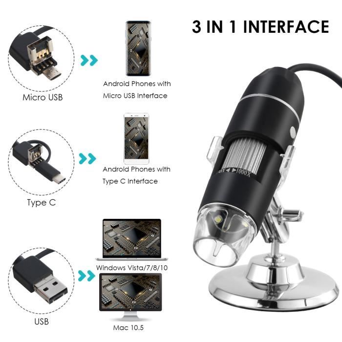 Microscope numérique IFCOW®50-1000X Zoom USB avec 8 LED, portable et ...