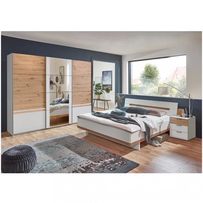 Chambre à coucher GIRBO 1 lit 160 1 armoire 2 chevets coloris blanc ...