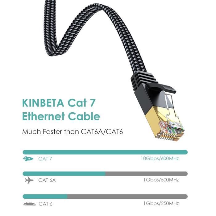 Cat 7 Câble Ethernet 2m, Câble Réseau Gigabit Ethernet Cat7 à Haut Débit, Câble LAN Plat Tressé ...