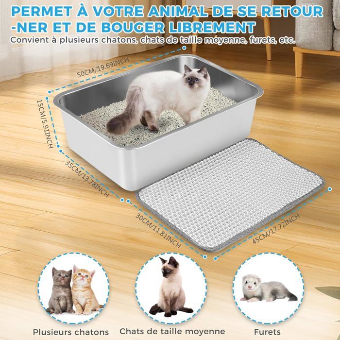 Bac à litière en acier inoxydable Bac à litière pour chat 50x35 cm ...