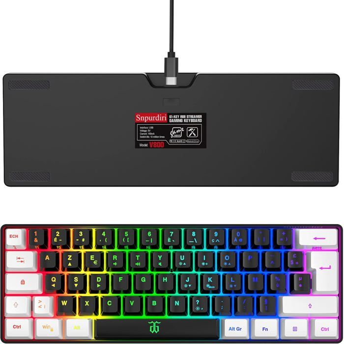 Clavier gaming AZERTY 60% blanc noir filaire RGB rétroéclairé mini ...