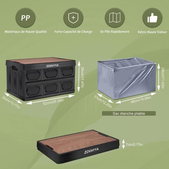 Boite Rangement Plastique Pliante 55L Caisses Rangement avec Couvercle en Bois Empilables avec ...