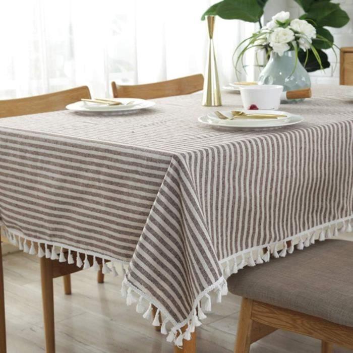 Nappe Rectangle en Lin avec Pampilles Rayées - Marrone/Strisce Bianche ...
