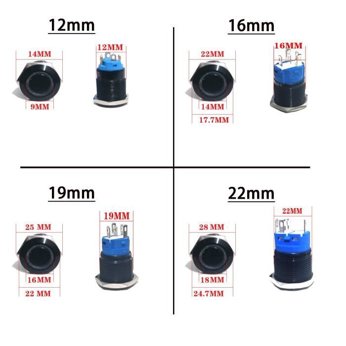 Lumière rouge 3-6V(5V) 19mm Auto-réinitialisation instantanée Bouton métallique étanche 12-16-19 ...