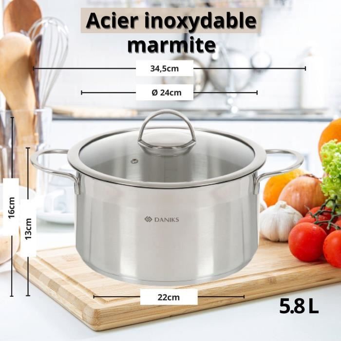 Classic Marmite Inox 24 Cm 5.8 Litres | Faitout Avec Couvercle En Verre | Tous Feux Dont ...