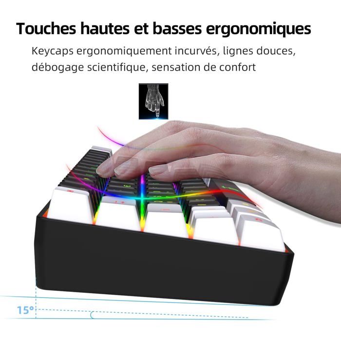 Clavier gaming AZERTY 60% blanc noir filaire RGB rétroéclairé mini ...