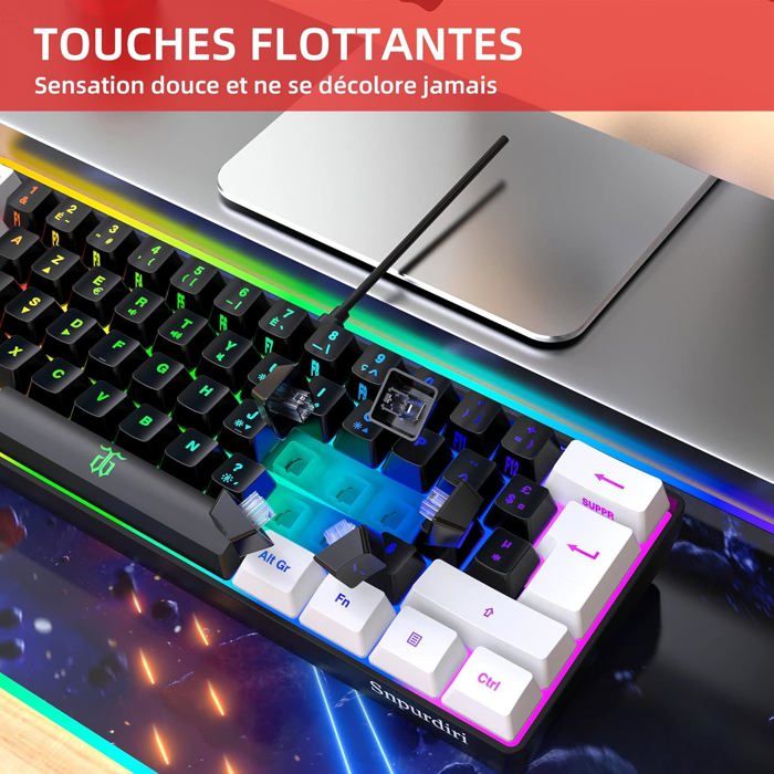 Clavier gaming AZERTY 60% blanc noir filaire RGB rétroéclairé mini ...