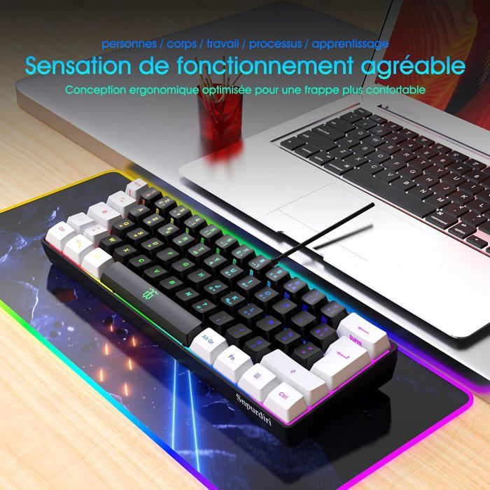 Clavier gaming AZERTY 60% blanc noir filaire RGB rétroéclairé mini ...