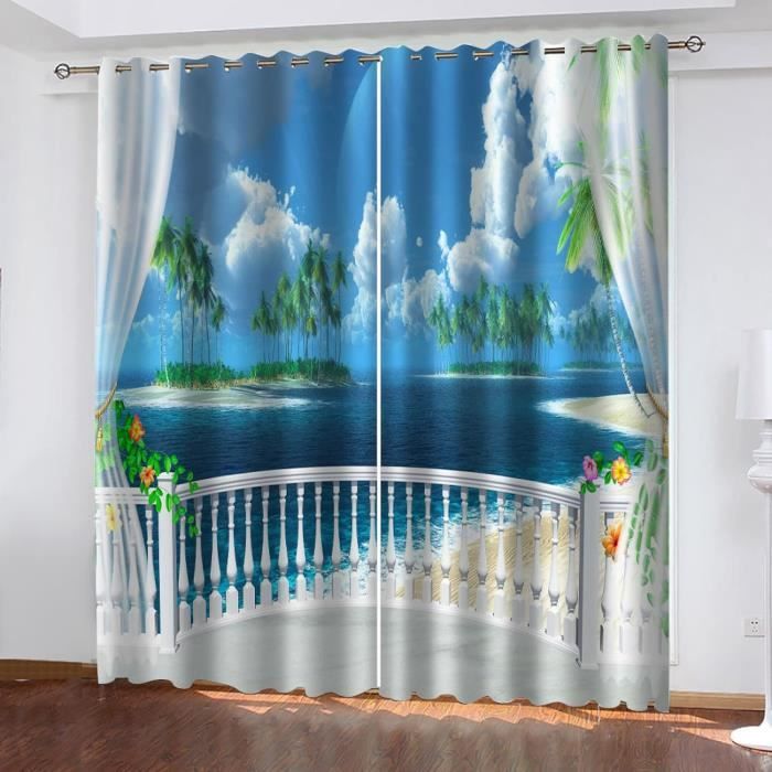 Rideau Salon Occultant Moderne - 3D Balcon Bleu Ciel Vue Mer Motif ...