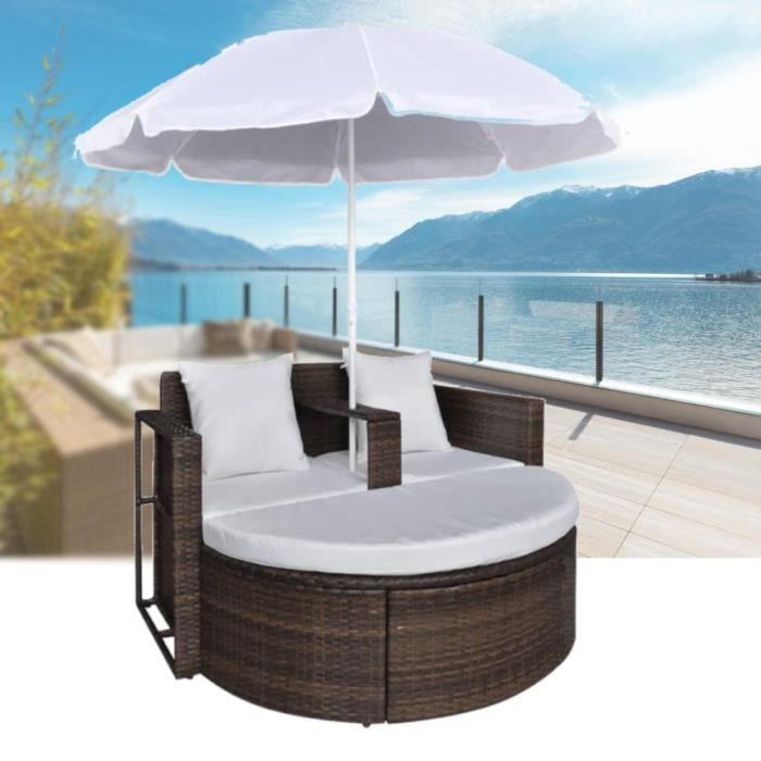 MAG Lit de jardin avec parasol Marron Résine tressée 130 x 58 x 77 cm ...