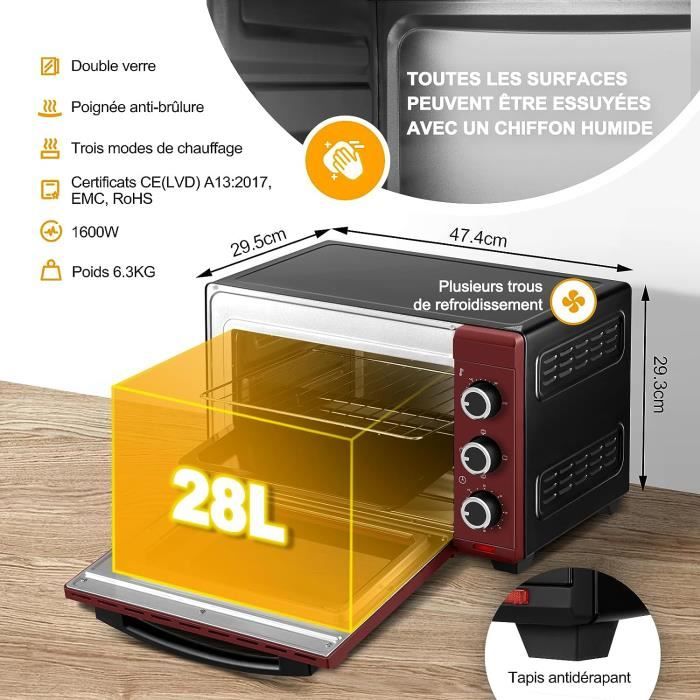 WOLTU Mini Four 28L, Four à Pizza 1600 W, 100-230°C, Minuterie 0-60 min, 3 Modes de Cuisine ...