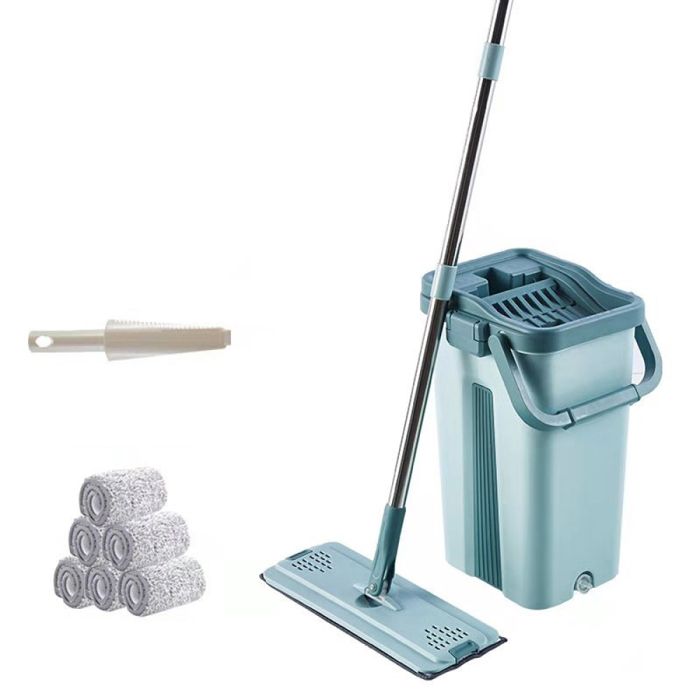 Balai plat avec seau, balai plat avec 6 tampons en microfibre ...